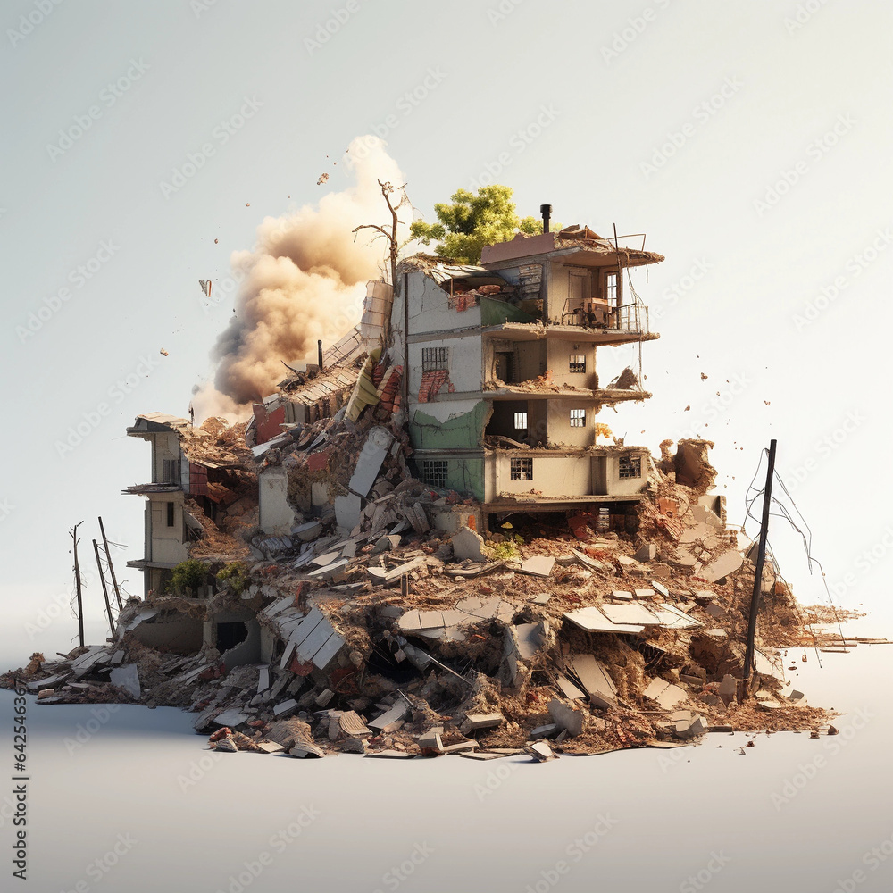 Demolished buildings and residential houses, destroyed homes and ...