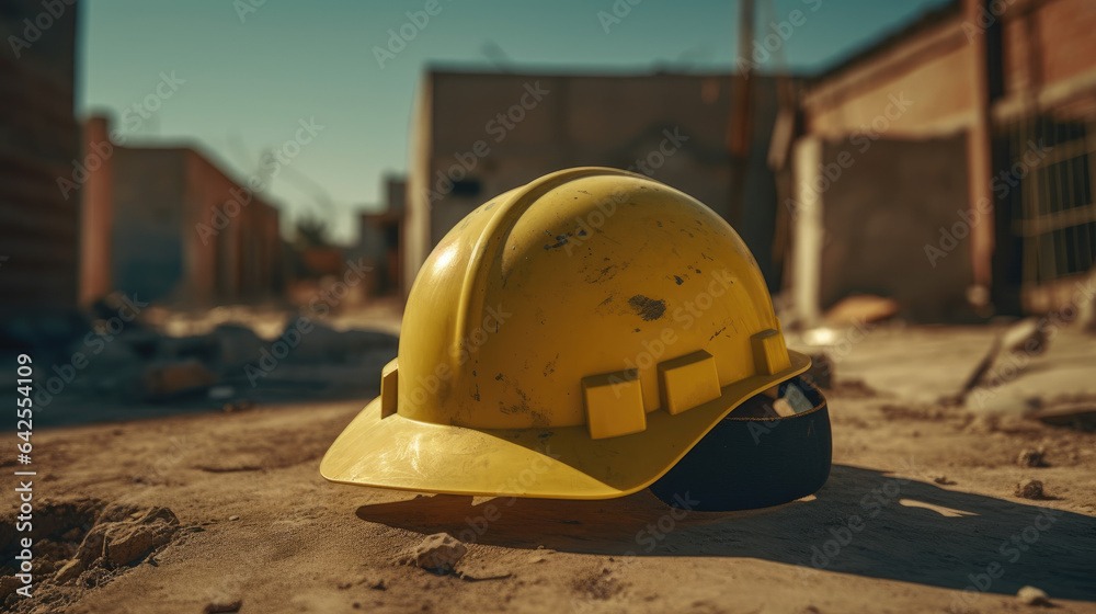 Yellow hard hat on construction site. Stock Photo | Adobe Stock
