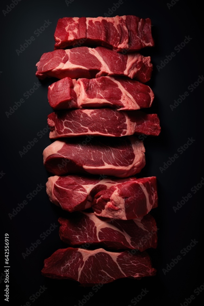 Creative flatlay pattern with black angus prime beef ribeye steak on ...