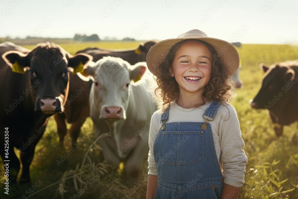 Happy child, farming and fun learning to care for animals, cows and ...