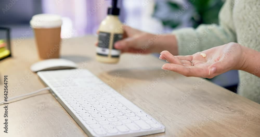 Hand sanitizer, cleaning and computer keyboard in office with hygiene ...