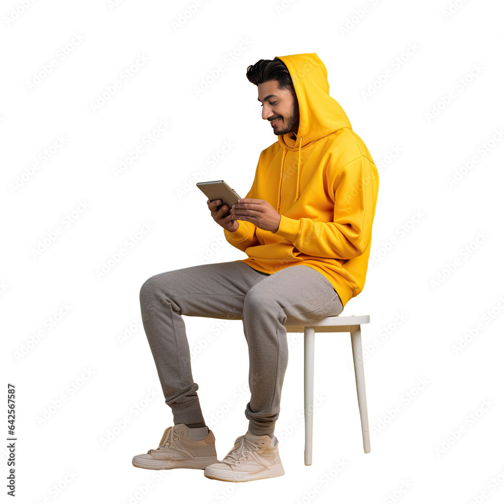 Indian man sitting near a big blank screen with a yellow hoody using a ...