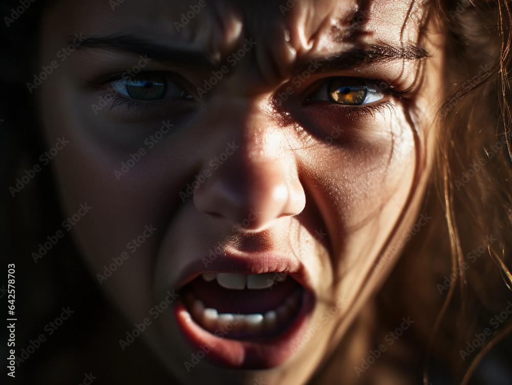 Intense rage: Close - up portrait of a young woman, her eyes wide ...