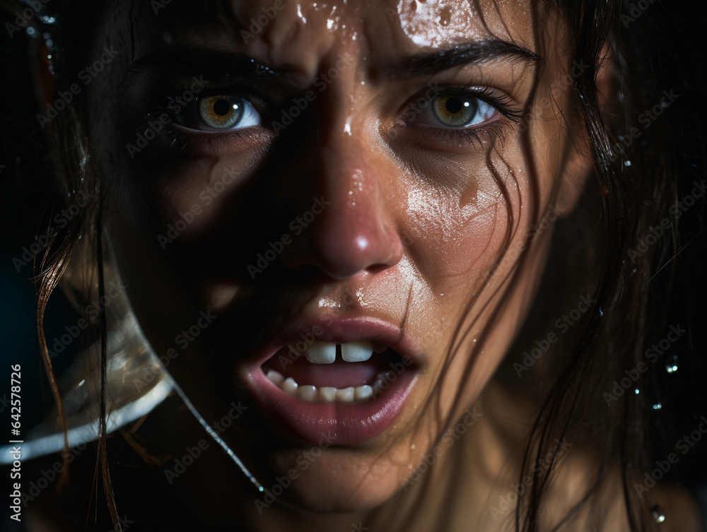 Intense rage: Close - up portrait of a young woman, her eyes wide ...
