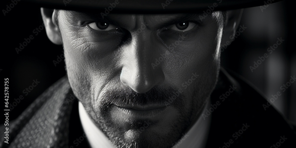 Intrigue: Black and white shot of a detective type character, hat ...