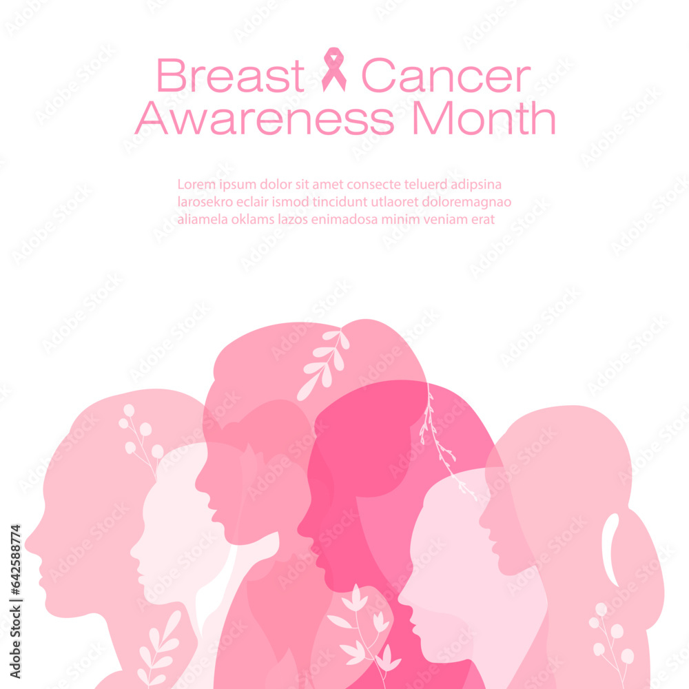 Breast Cancer Awareness Month Banner With Silhouettes Of Women Standing