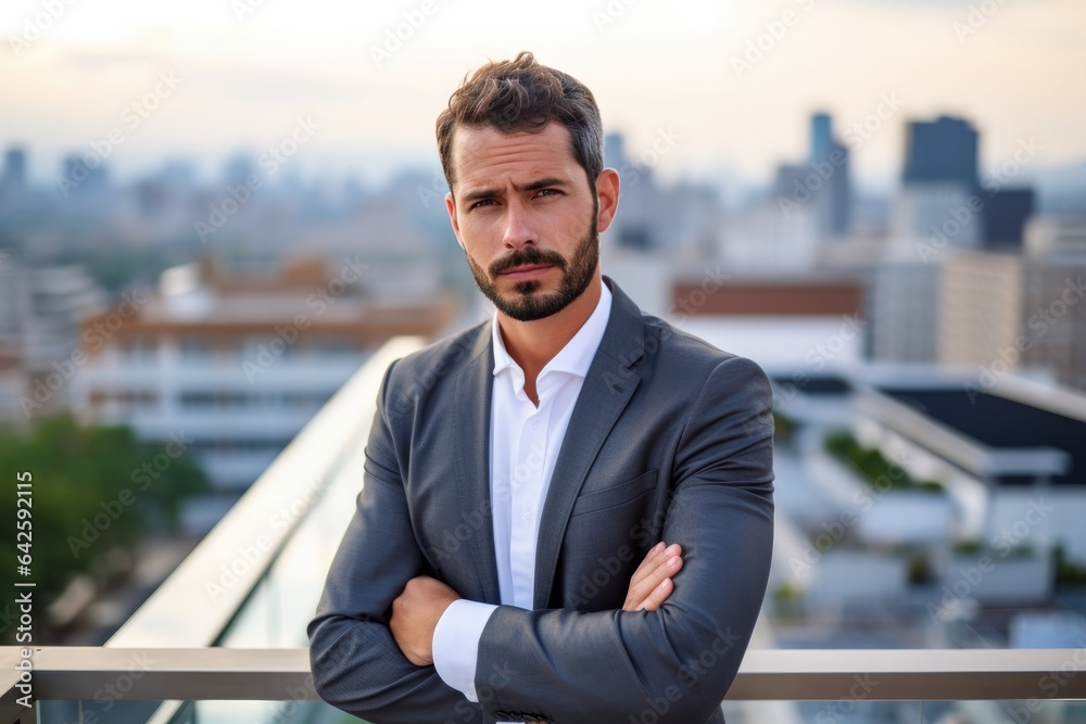 confident latin business man investor in a stylish suit with his arms ...