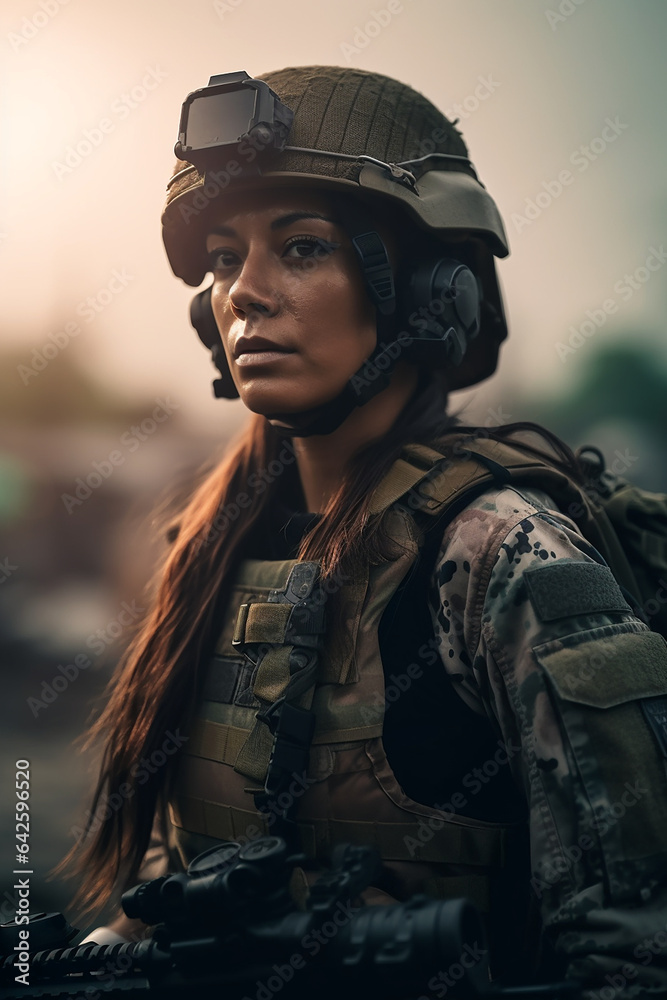 beautiful female soldier wearing uniform and helmet. Stock Photo ...