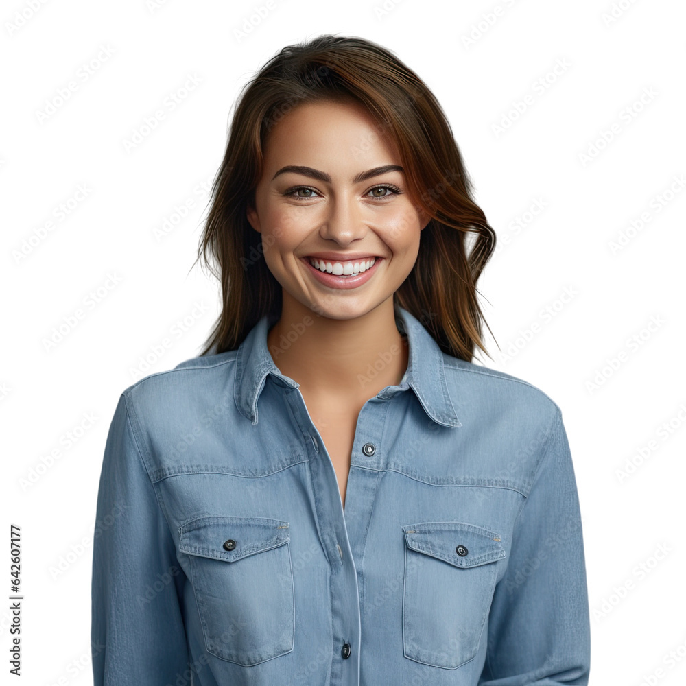 transparent background woman in denim shirt smiling with arms crossed ...