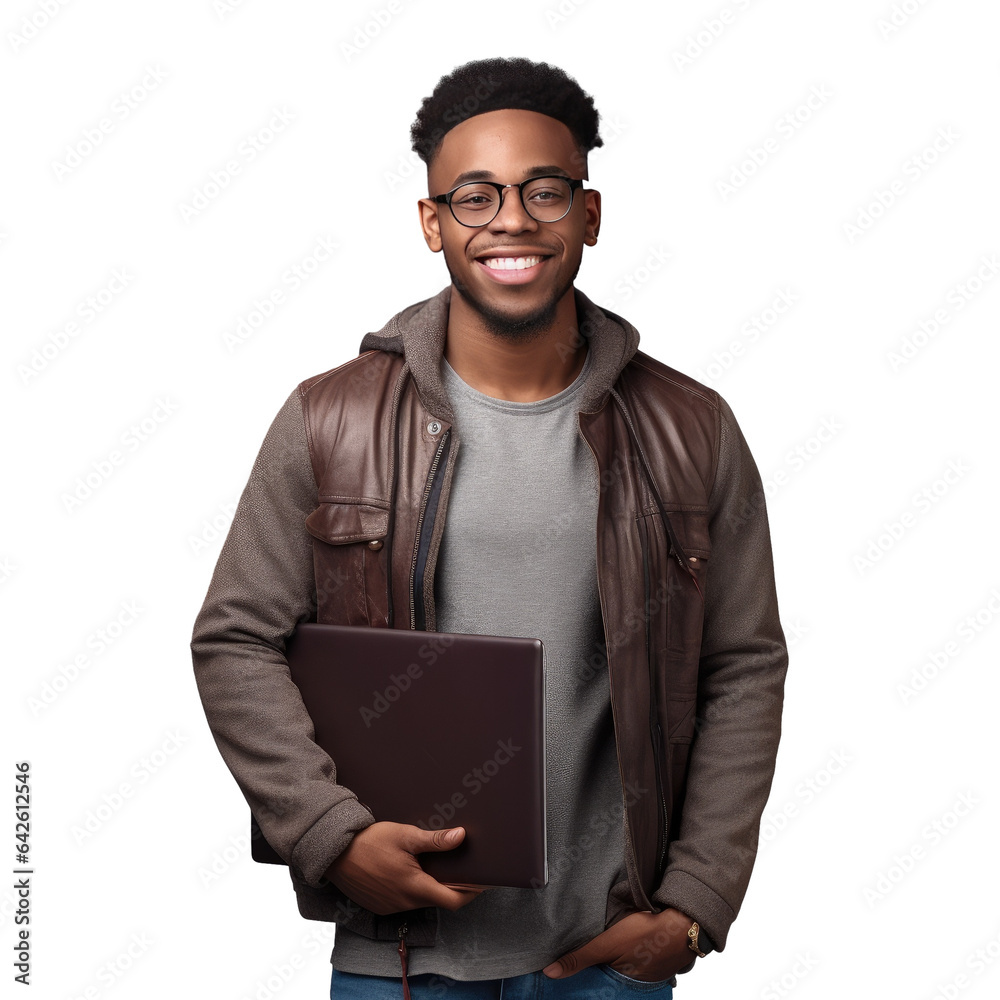 Successful African American student freelancer with laptop isolated on ...