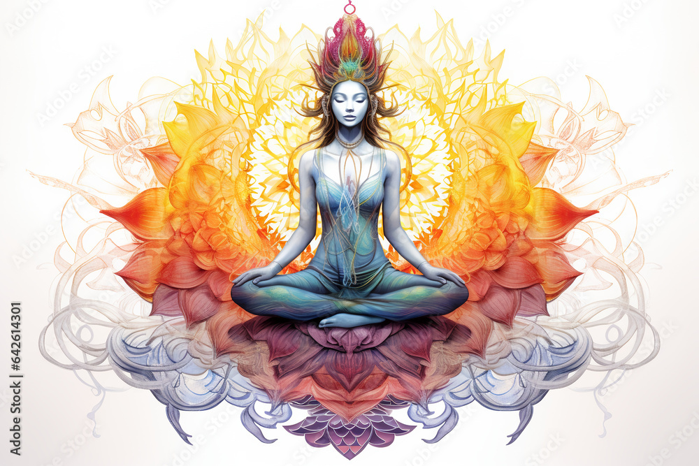 B&L line art image of blossoming goddess in lotus position, meditating ...