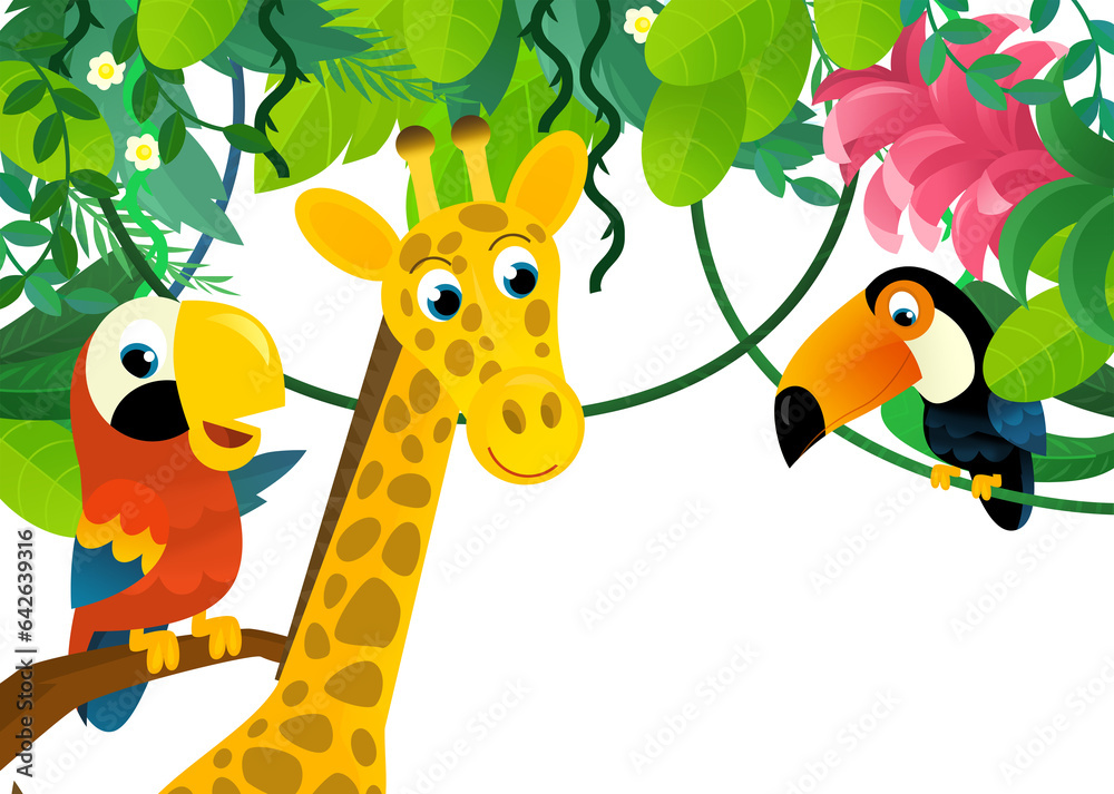 cartoon scene with jungle and animals and parrot bird being together as ...