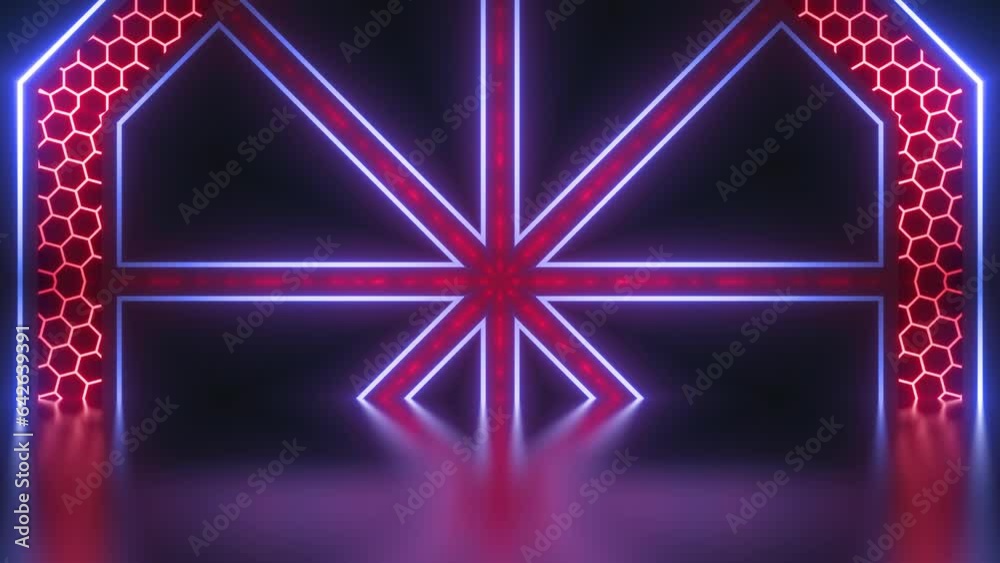 This stock motion graphic video of 4K glowing red-blue neon shapes with gentle overlapping ...