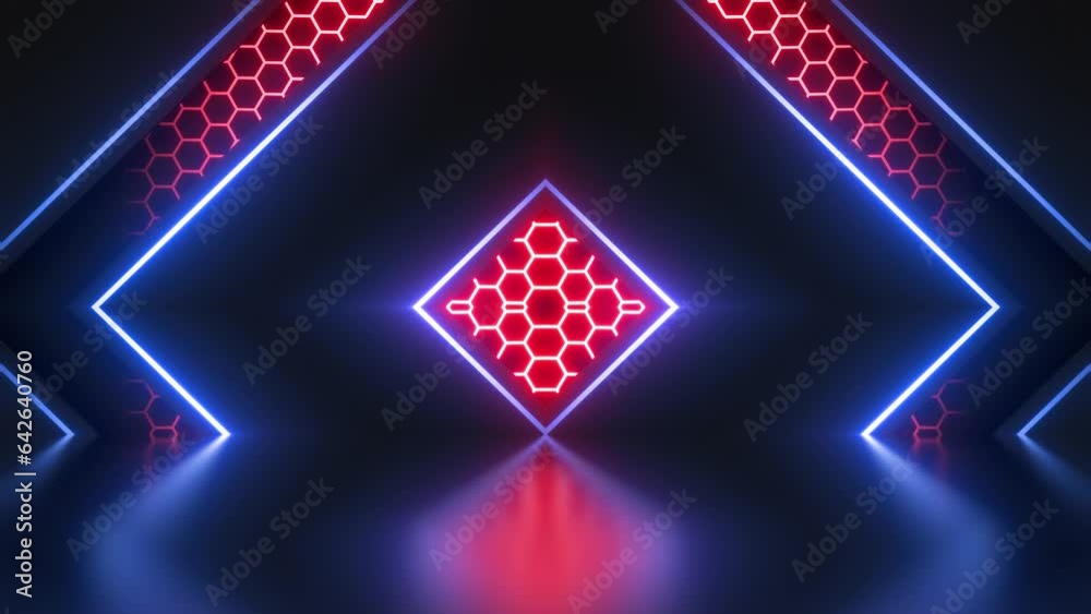 This stock motion graphic video of 4K glowing red-blue neon shapes with gentle overlapping ...