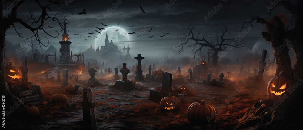 Happy Halloween background spooky scene, creepy dark night jack o ...