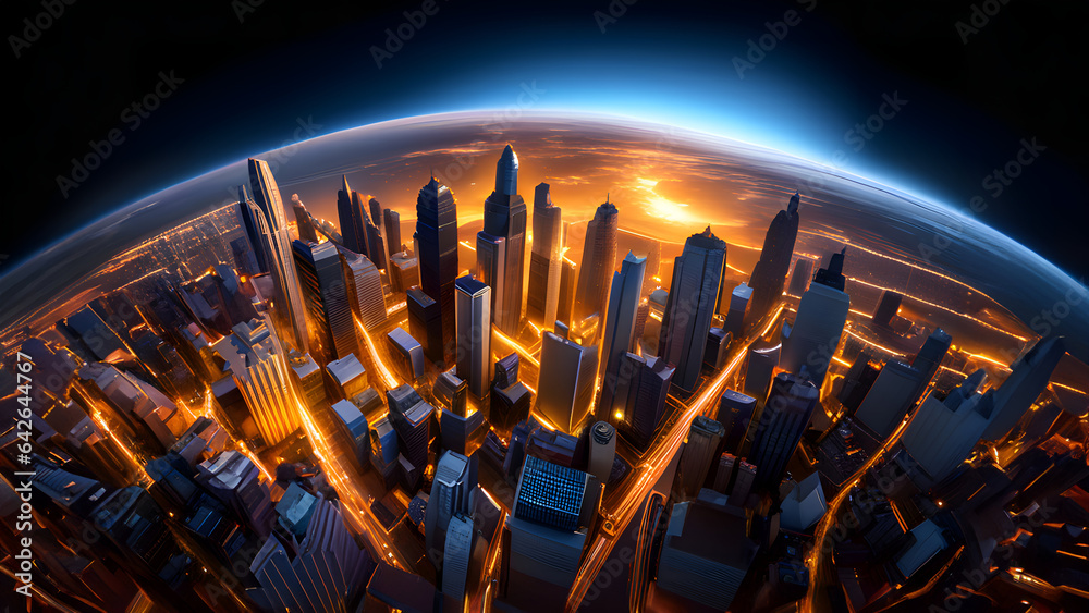 Buildings rising at night on Earth. Magnificent 3D city view. Buildings ...