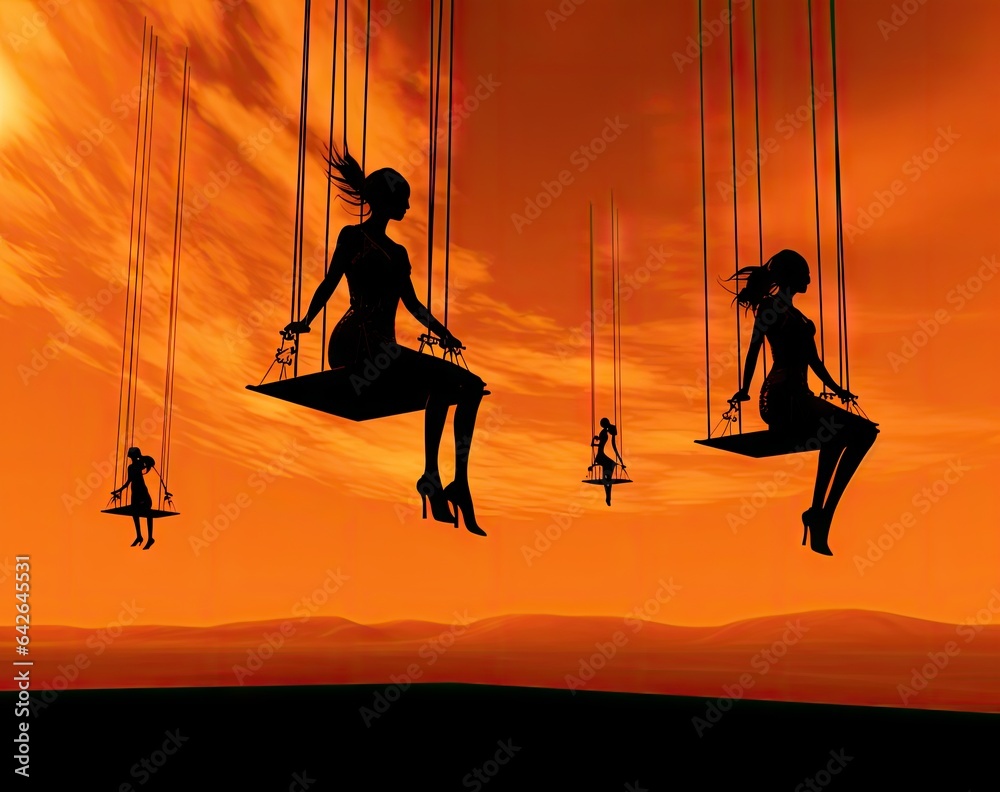 two people hanging on strings in the sky, one is holding a child and ...