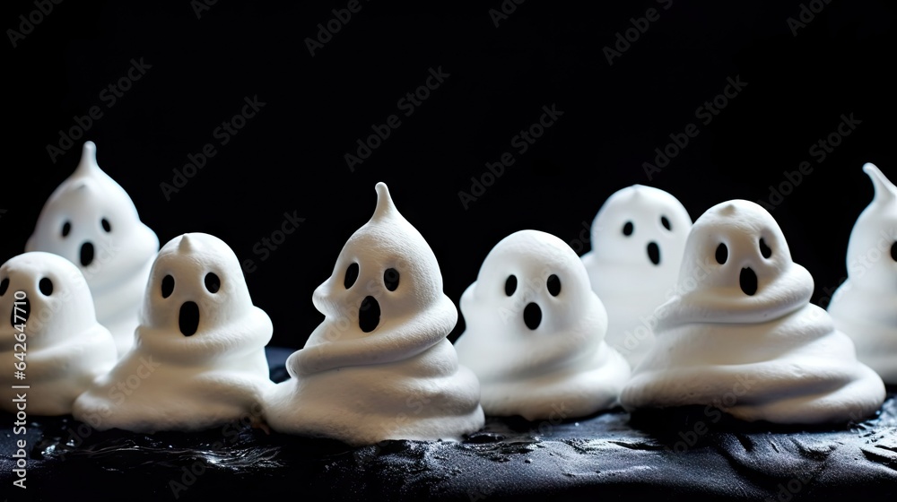 white ghosts on a black background with copy space in the bottom left ...