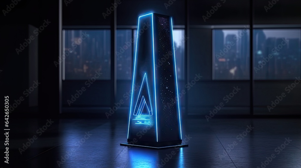 an illuminated tower in the middle of a dark room with large windows on ...