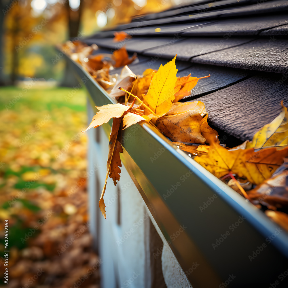 Roof gutter full of leaves. Represents the need to clean a home's ...