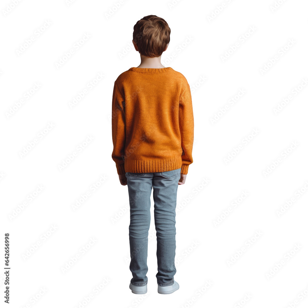 A 9 year old boy wearing jeans and an orange sweater seen from the back ...