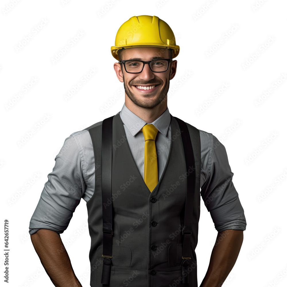 Engineer in vest and yellow helmet isolated on transparent background ...