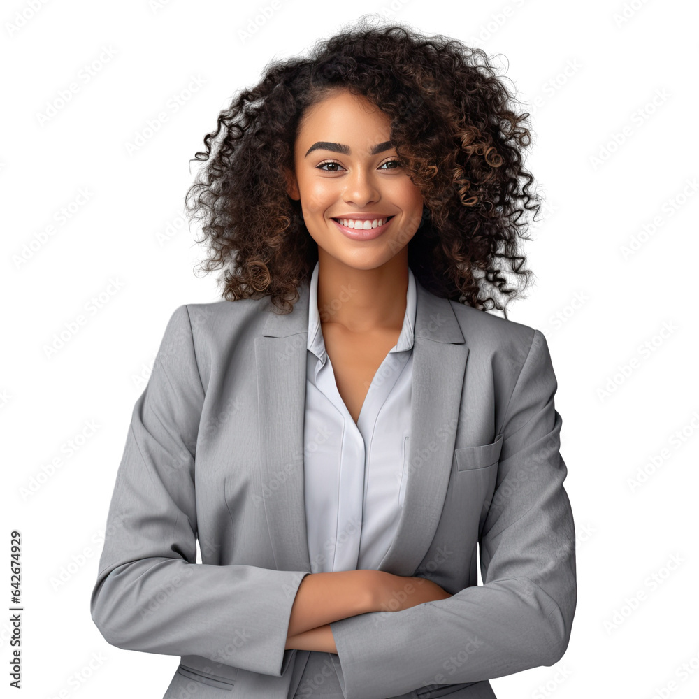African American businesswoman in grey suit with white shirt posing ...