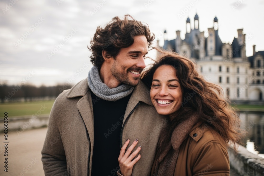 Couple in their 30s smiling at the Château de Chambord in Chambord ...