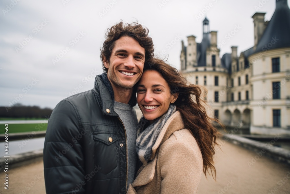 Couple in their 30s smiling at the Château de Chambord in Chambord ...