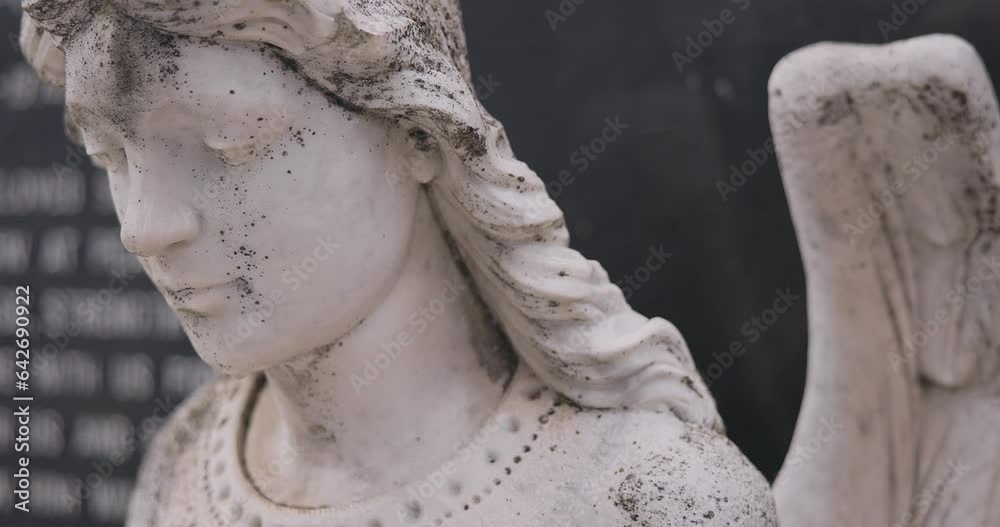 Graveyard, angel statue and tombstone in cemetery for death ceremony ...