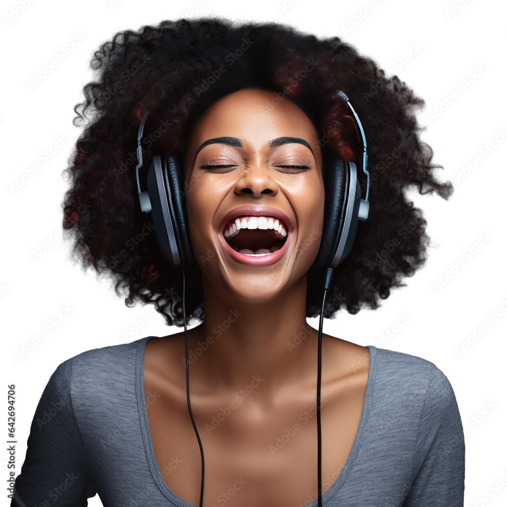 A joyful black woman in a studio using headphones streaming and singing ...