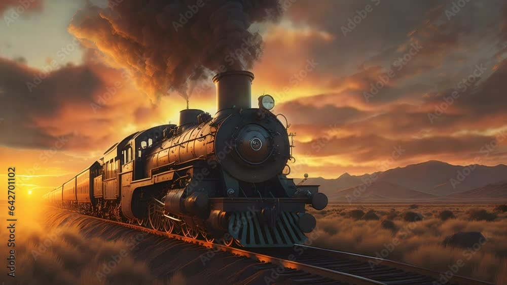 steam locomotive train at beautiful sunset panorama, seamless looping ...