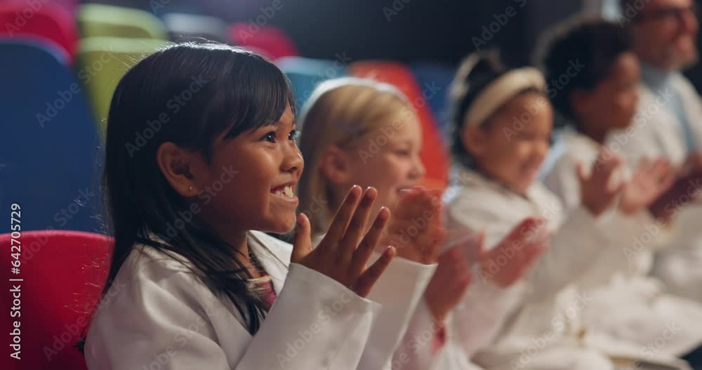 Clapping, science and happy group of kids in experiment, education or ...