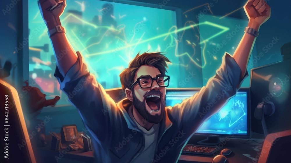 Professional eSports gamer rejoices celebration in the victory game ...