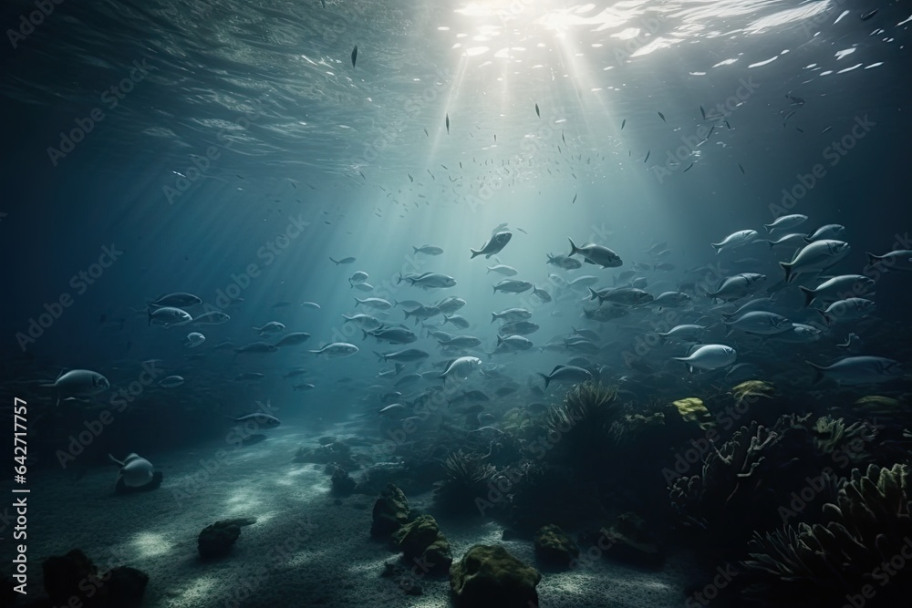 fish swimming in the ocean with sunlight streaming through the water's ...