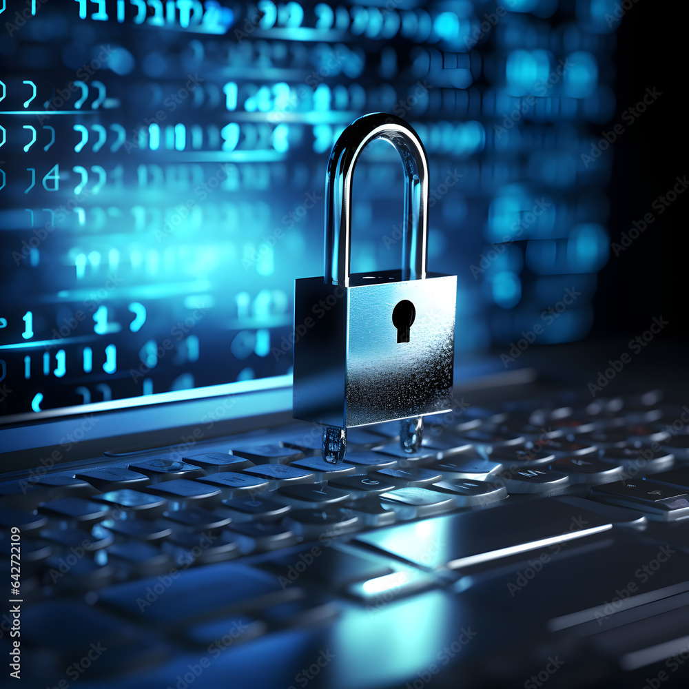 Computer cyber security with a lock on a laptop. Protection against online hackers and viruses ...