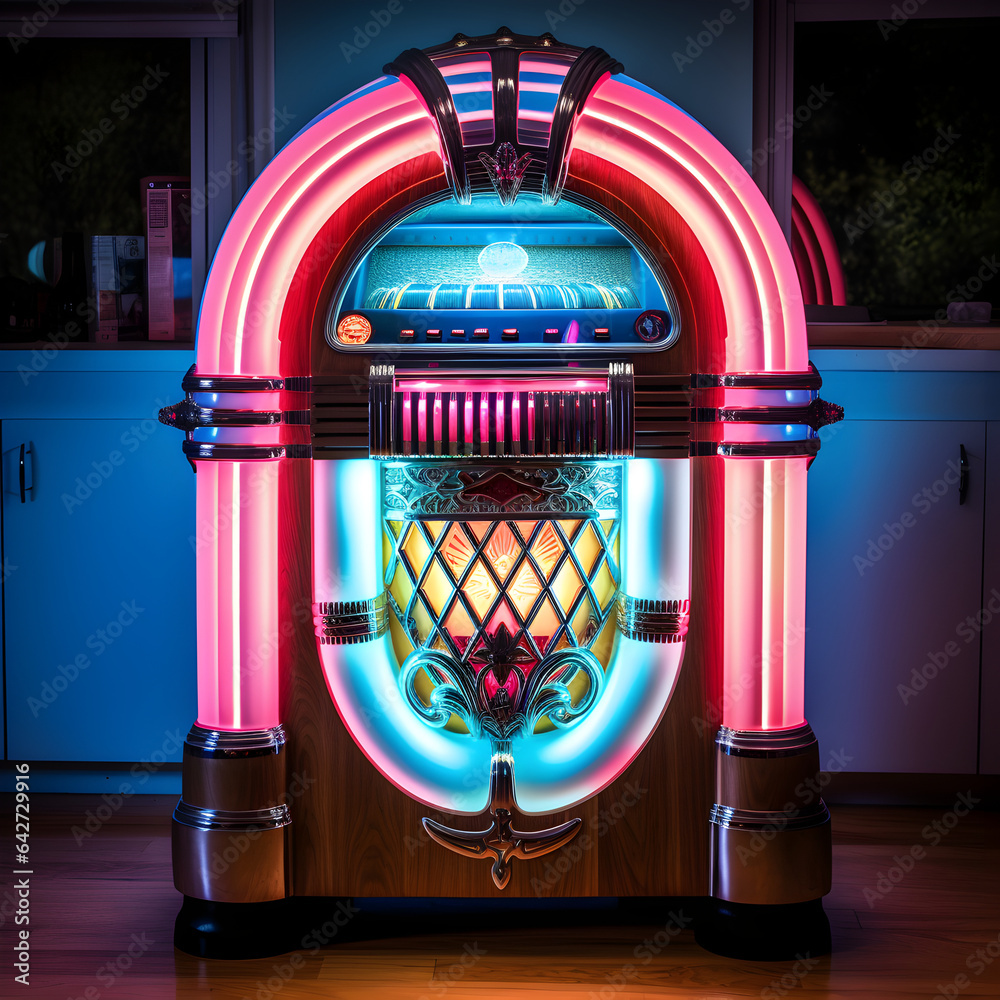 An old fashioned jukebox in a retro 1950's diner. A music and nostalgia ...
