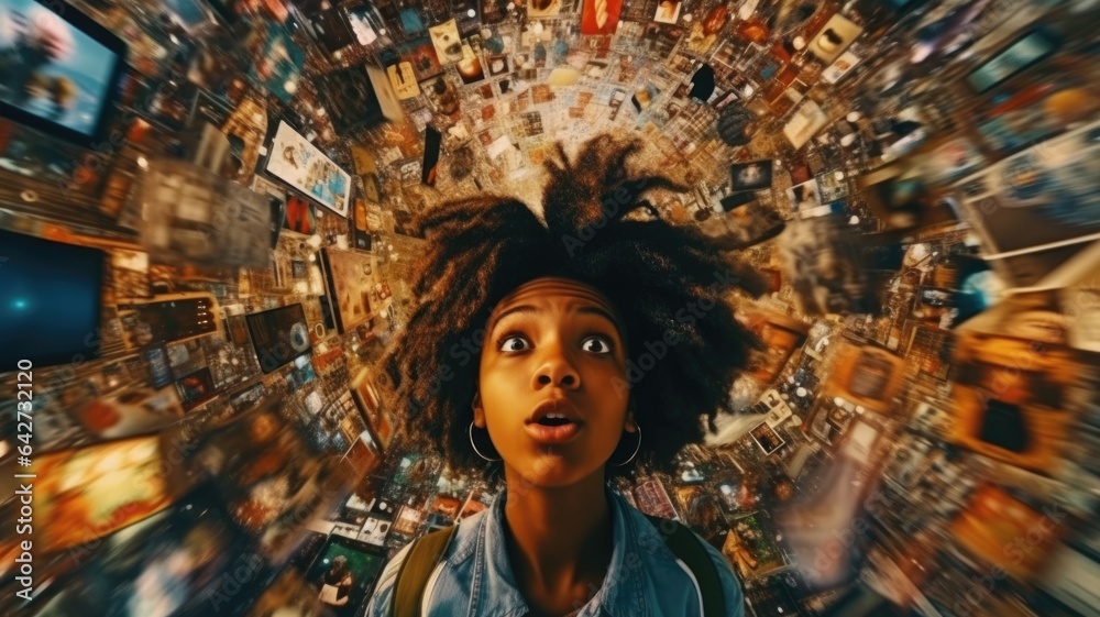 Overwhelming information data explode out of head of young human brain ...