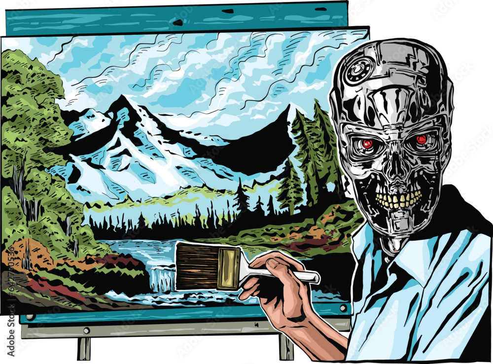 AI artist and its work robot painter parody funny meme coloring Stock ...