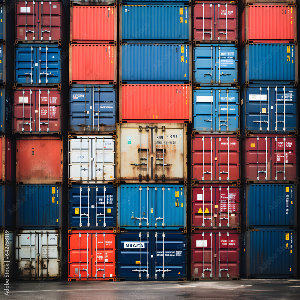 Cargo shipping containers stacked at a port. A concept of logistics and ...
