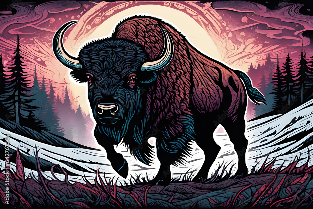 beautiful detailed colored linocut art style of a giant bison walking ...