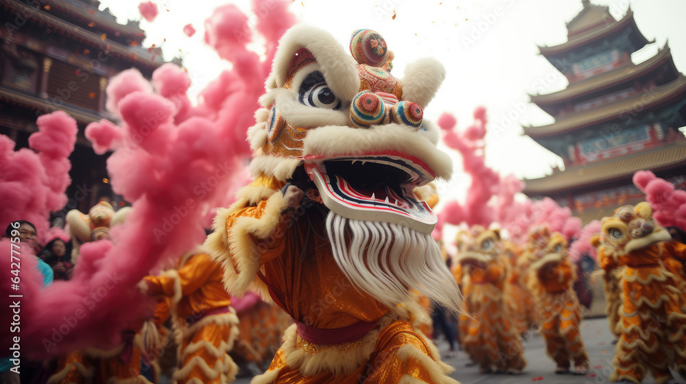 Chinese lion dance, Lunar new year celebration, colorful lion costumes ...