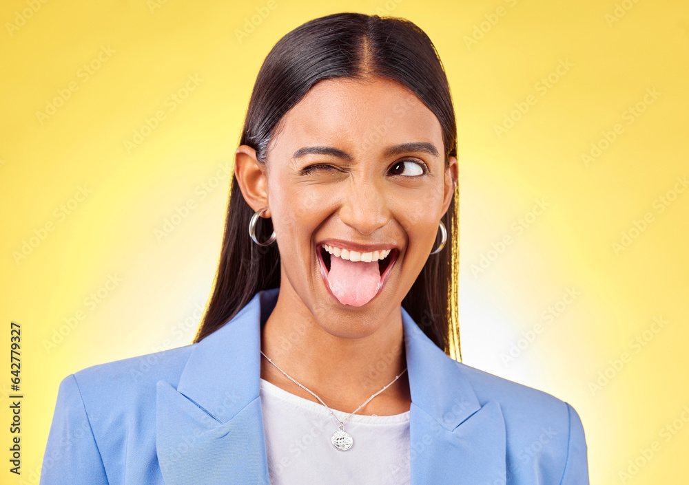 Funny, business woman and crazy worker with silly and tongue out in a ...