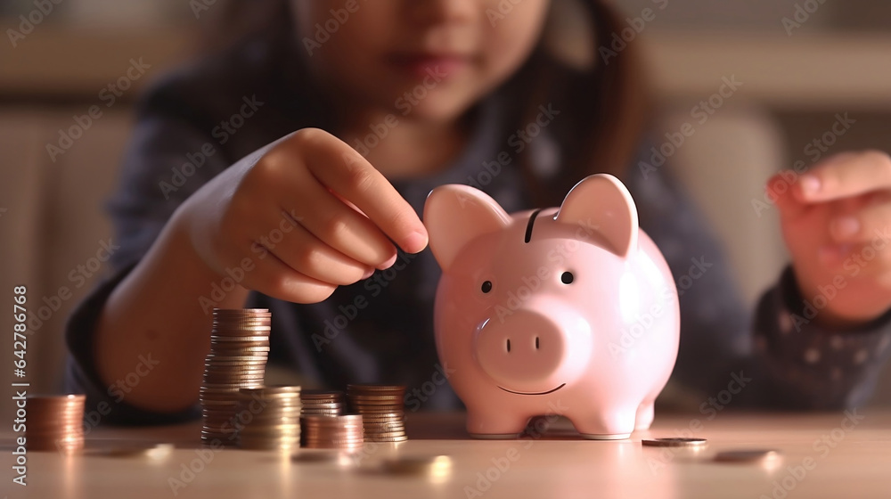 Little girl counting coins and putting coin to pink piggy bank, stack ...