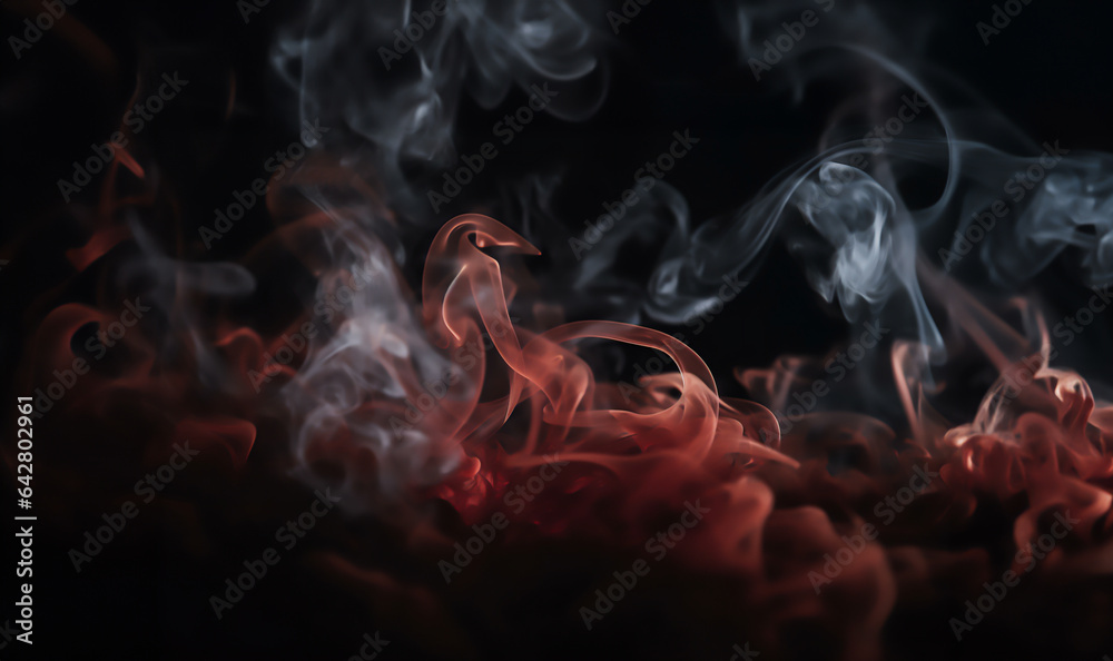 Red smoke. Fluffy puffs of red smoke and fog on black background, fire ...