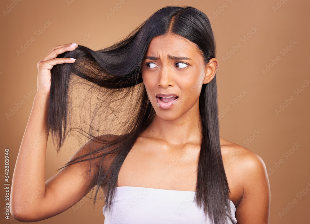 Beauty, disaster and unhappy woman with hair loss in studio worry ...