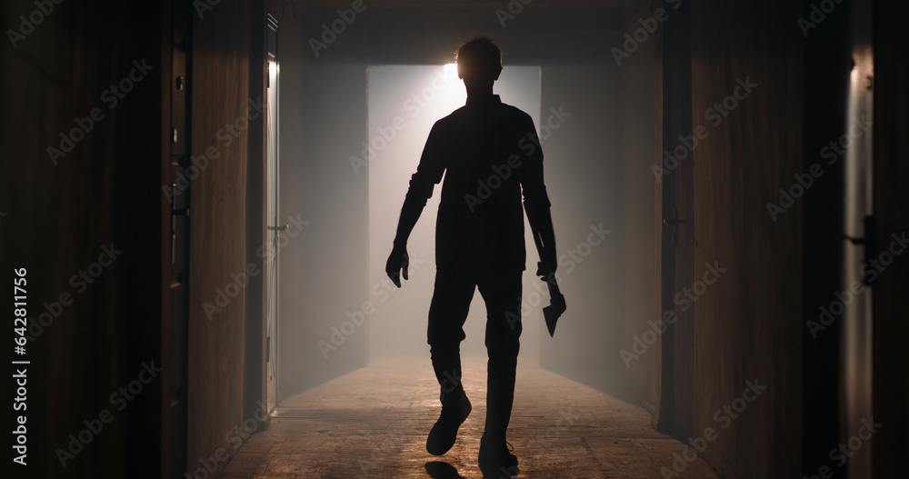 backlighting of a man in the dark of a foggy night and a light behind ...