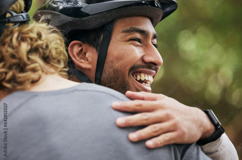 Hug, smile and cycling with friends in nature for fitness, health and ...
