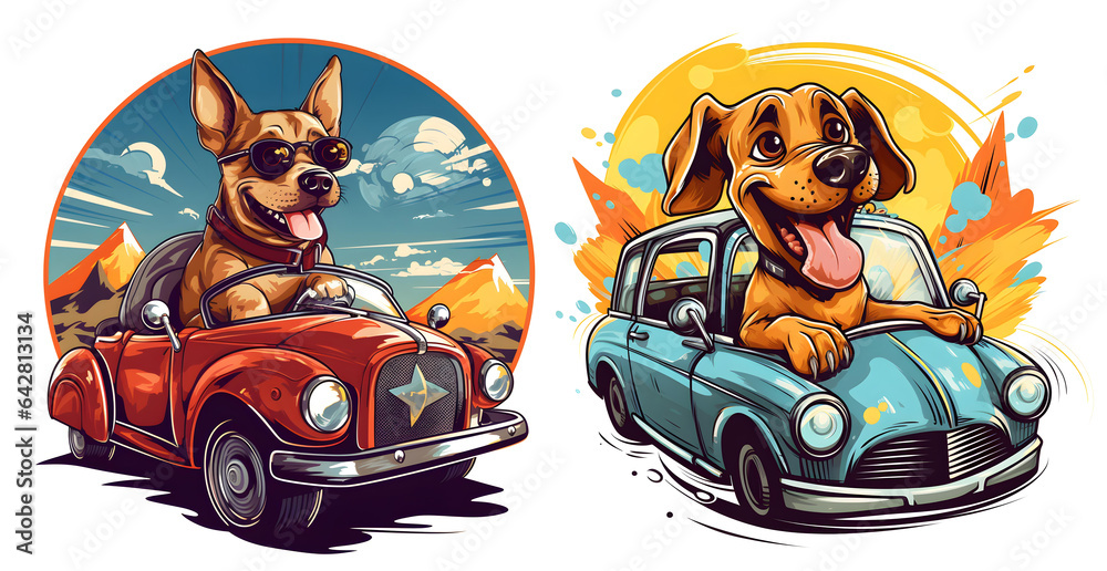 dog driving a car in a vector illustration with a transparent ...