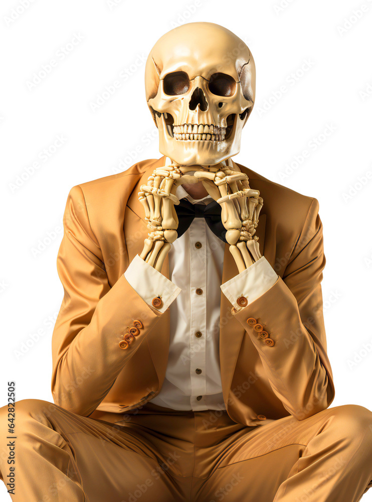 Skeleton gentleman in an orange suit with a black bow tie. Dead. Bones ...